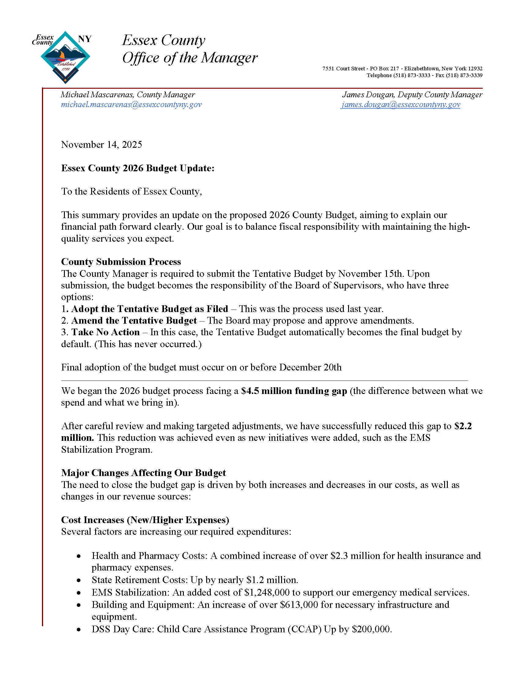 Press Release - County Manager Provides 2026 Tentative Budget Update to ...